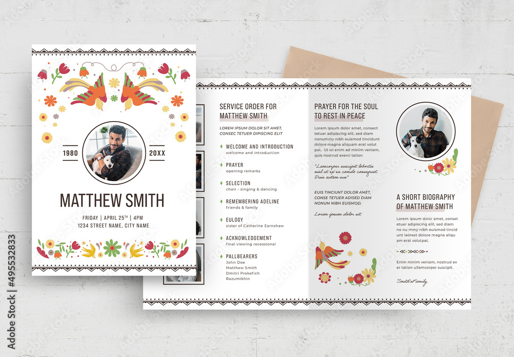 Funeral Program Obituary Printable Layout with Mexican Elements Stock ...