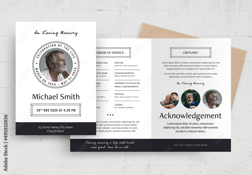 Simple Funeral Program Obituary Printable Layout Stock Template | Adobe ...