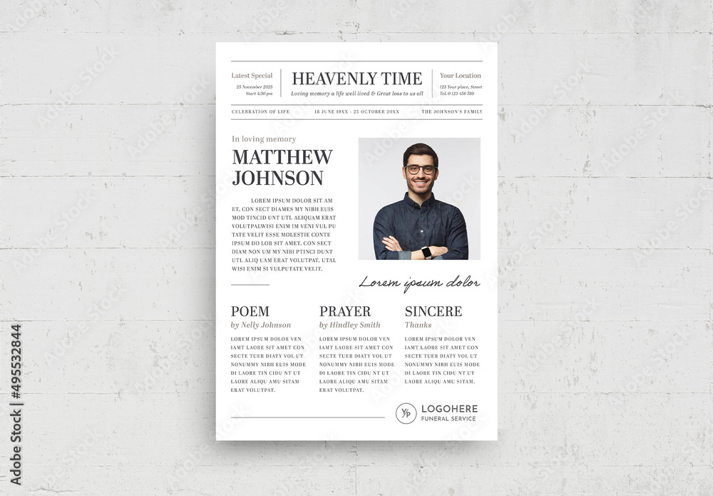 Simple Newspaper Funeral Program Obituary Layout Stock Template | Adobe ...