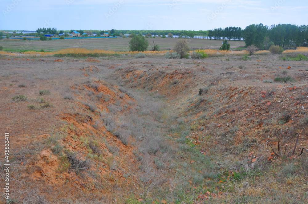 An old archaeological excavation in the village of Selitrennoye ...