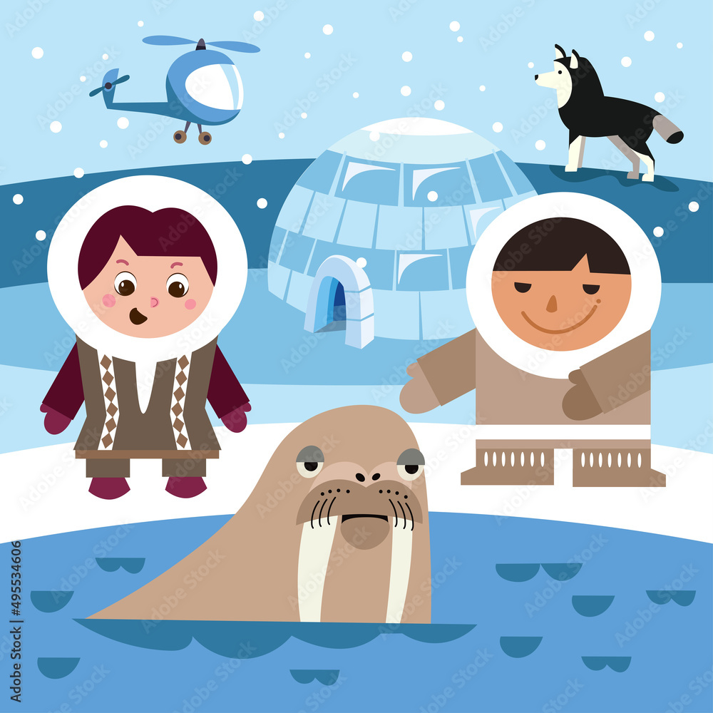 Cute children and animals of North. Funny cartoon characters. Vector ...
