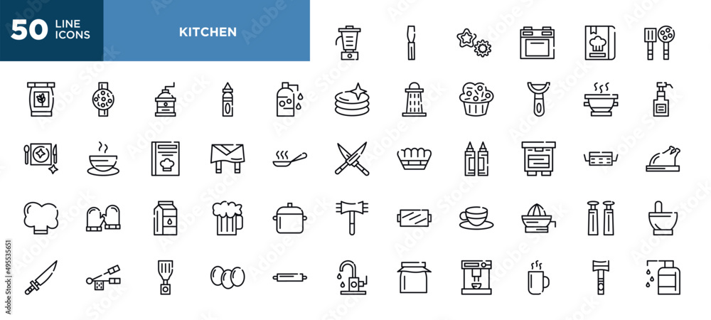 kitchen editable outline icons set. kitchen thin line icons collection. juicer, paddle, cookie ...