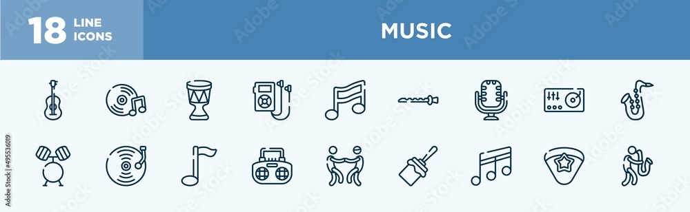 music line icons set. music outline icons collection. spanish guitar ...