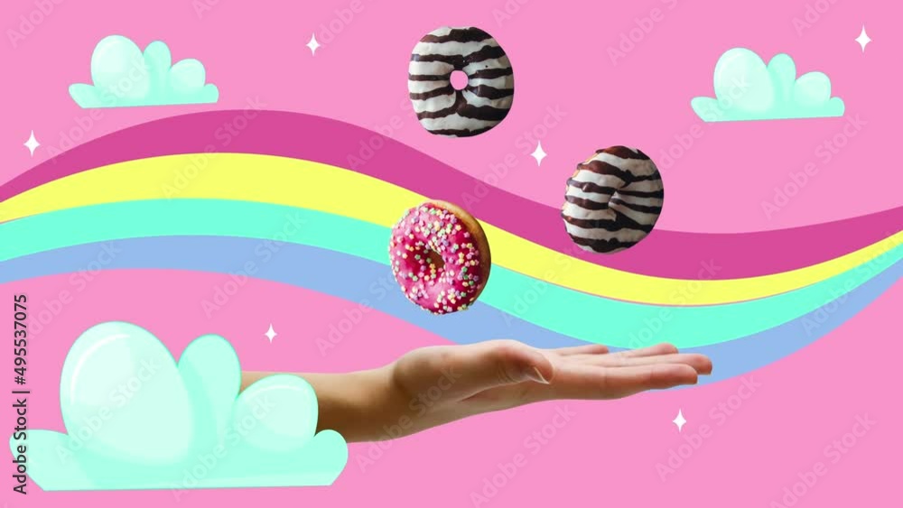 Hand throwing donuts collage animation. Dreamy background with rainbow ...