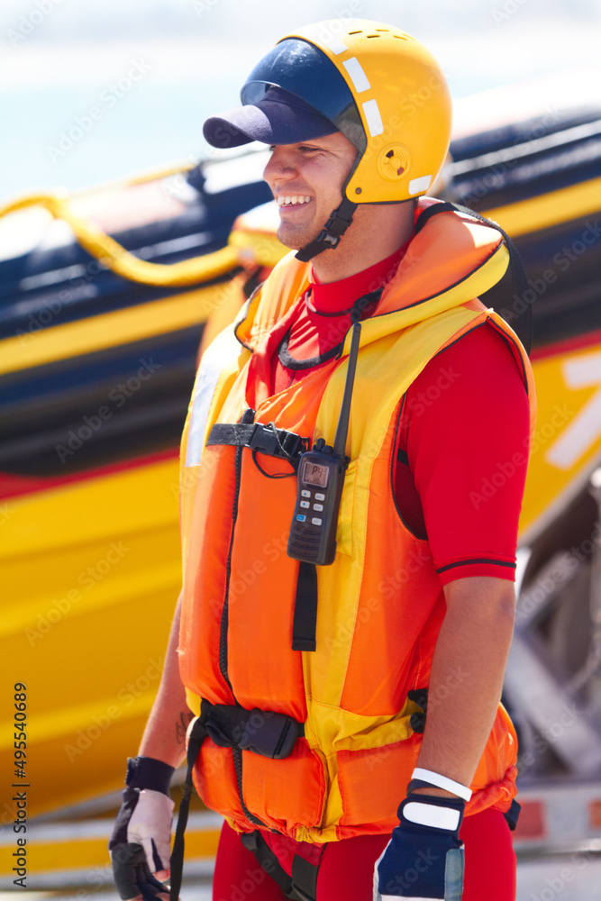 Sea rescue. A sea rescue worker and his speedboat. Stock Photo | Adobe ...