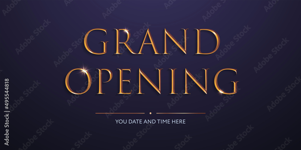 Grand opening. Vector design template. Gold glowing elegant inscription ...