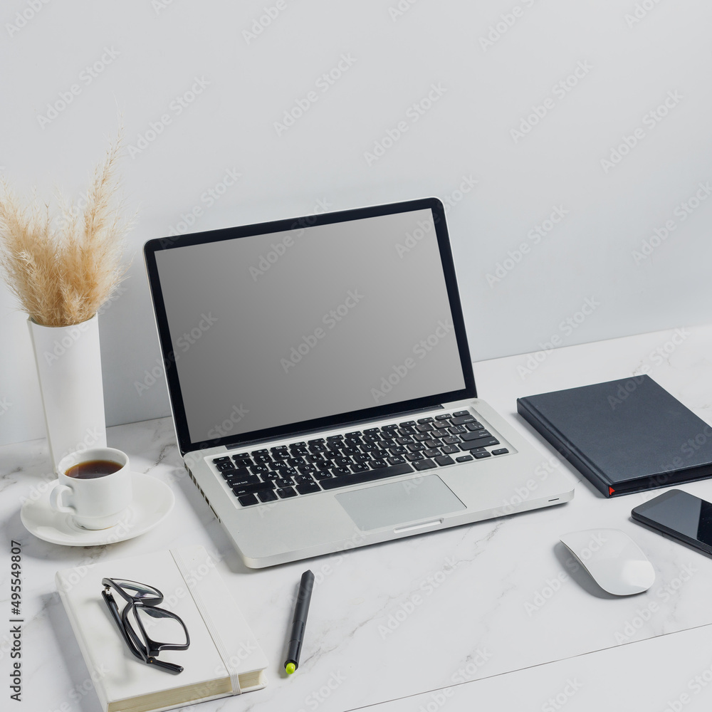modern lap top template mock up on white and clean work desk with blank ...