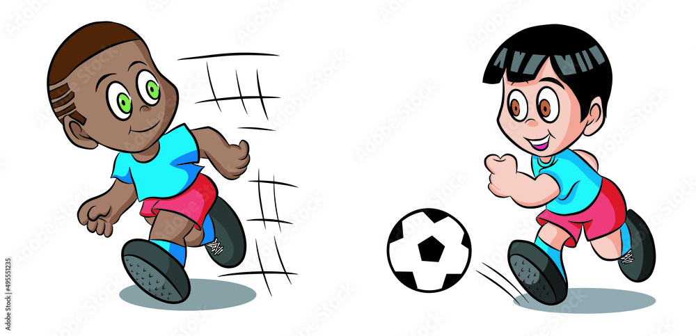 Two football- soccer boys playing the ball to each other. Vector ...