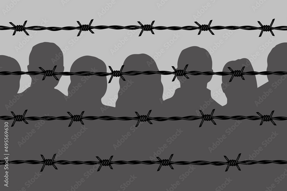Poster Dark people silhouettes behind barbed wire fencing – Wall Art ...