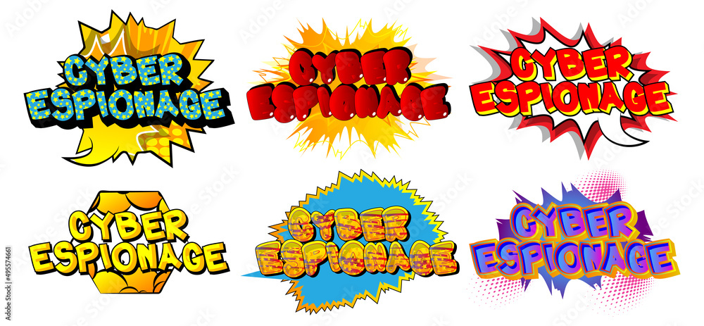 Cyber Espionage. Comic book word text set with abstract comics ...