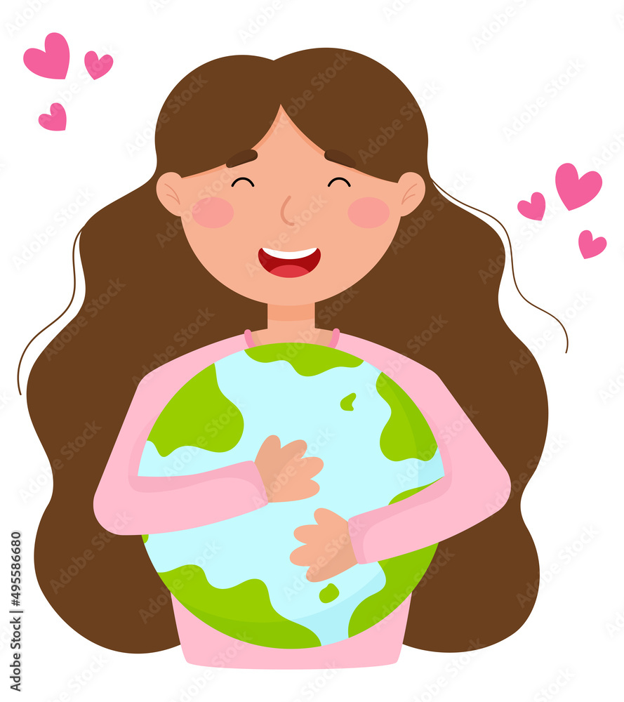 Cute girl hugs the earth. Save the planet, take care of our planet. Eco ...