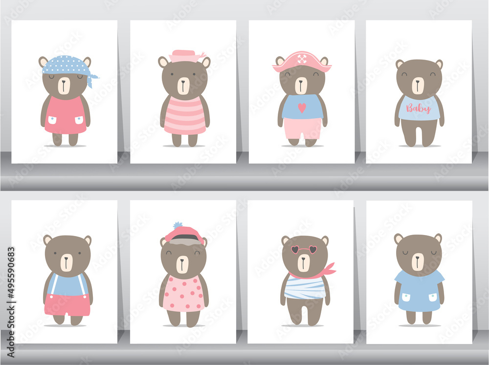 Set of cute animals hand drawn style,cards,poster,template,greeting ...