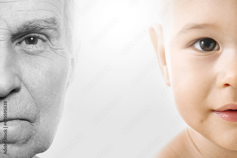 Elderly man and baby boy. Concept of rebirth and cycle of life. Stock ...