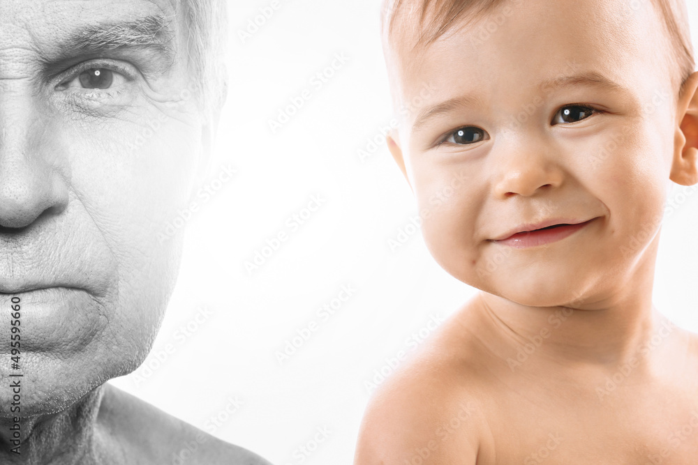 Elderly man and baby boy. Concept of rebirth and cycle of life. Stock ...