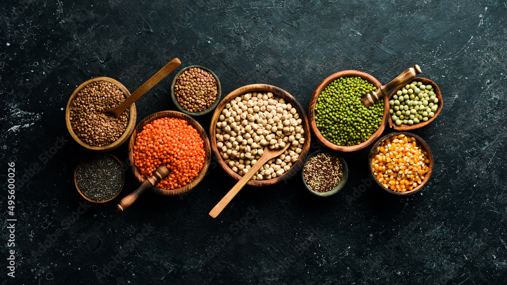 Legumes, a set consisting of different types of beans, lentils and peas ...