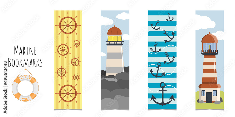 Set of 6 bookmarks and stickers on a nautical theme with lighthouses ...