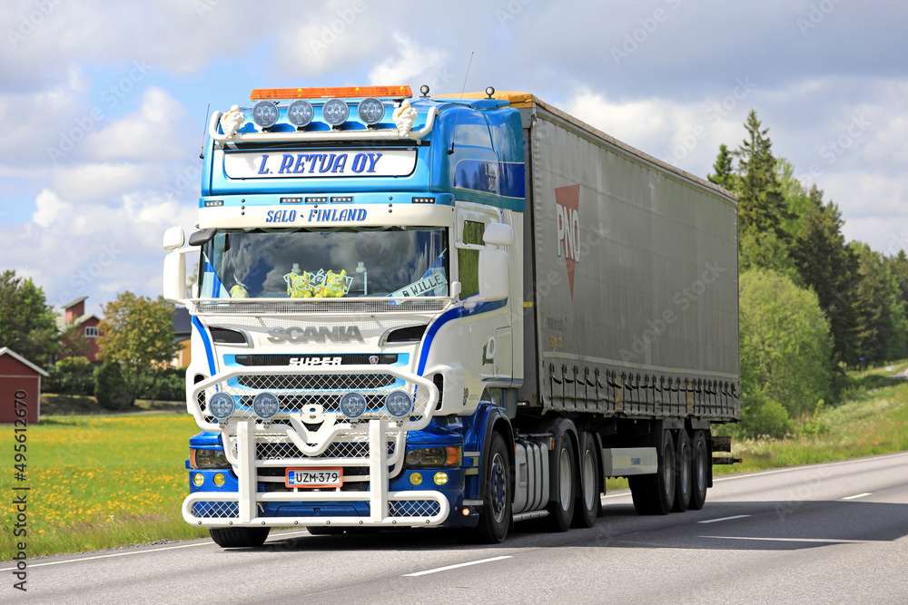 Customised Super Scania Truck L Retva Oy Pulls Semi Trailer along Road ...