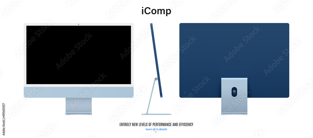 computer monitor blue color with black screen saver front, back and ...
