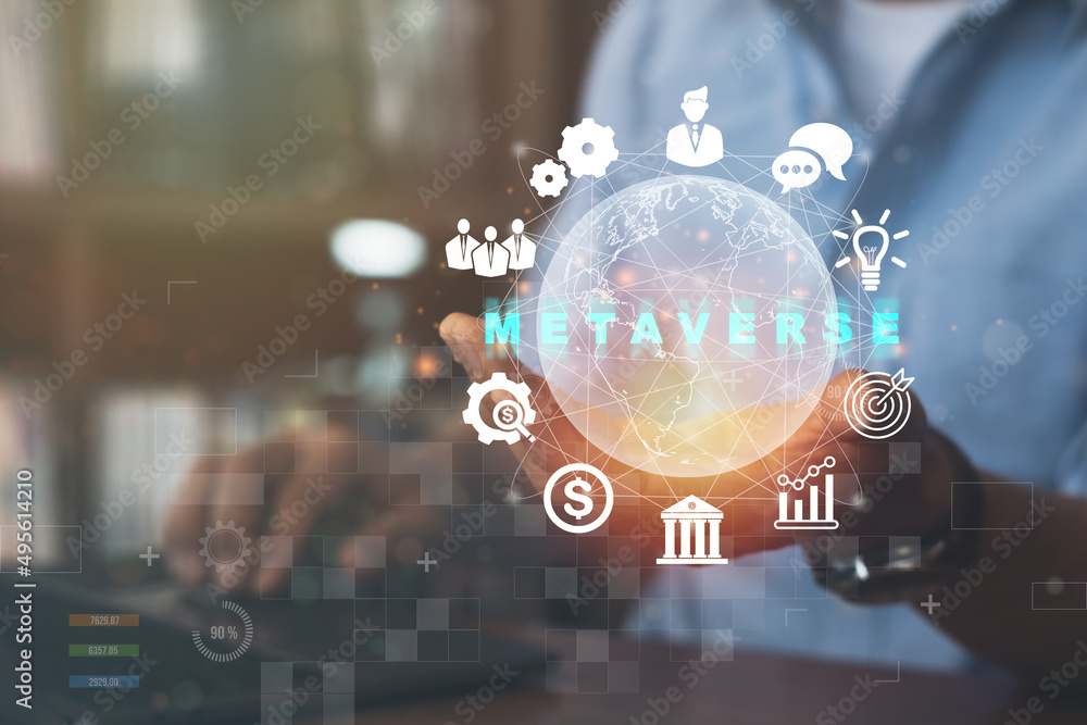 Businessman Hand holding virtual Global Internet connection metaverse ...