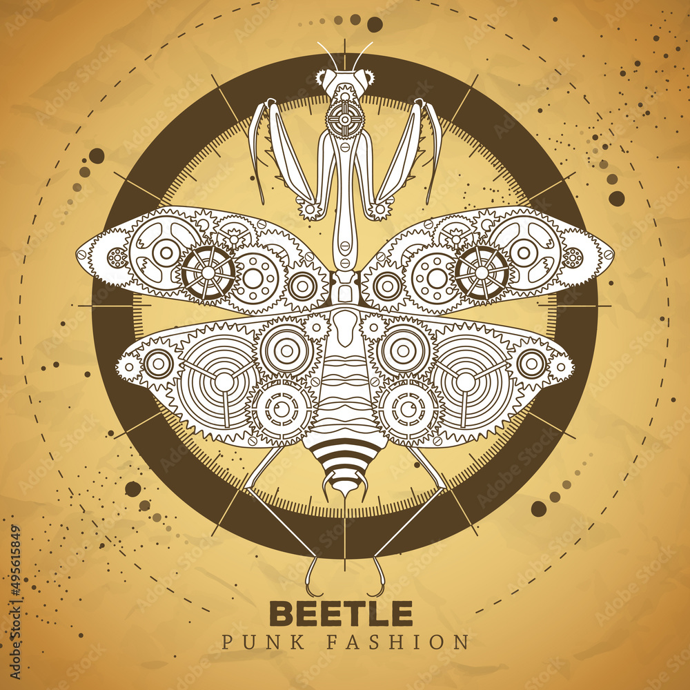 Praying mantis silhouette with gears on old paper texture background ...
