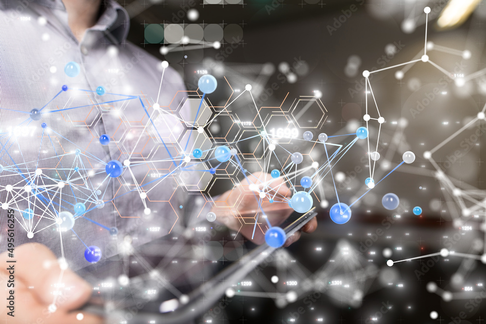 Global network. Blockchain. 3D illustration. Neural networks and ...