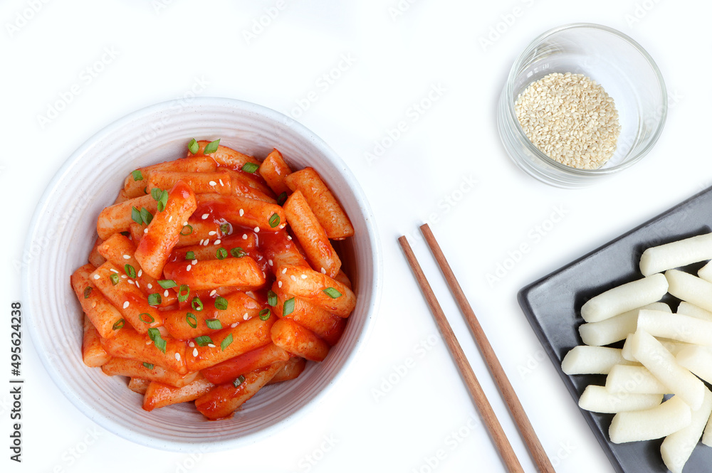 Tteokbokki spicy rice cakes on white background. Delicious spicy ...