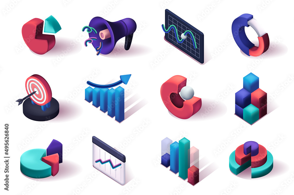 Marketing research 3d isometric icons set. Charts, graphs, diagrams ...