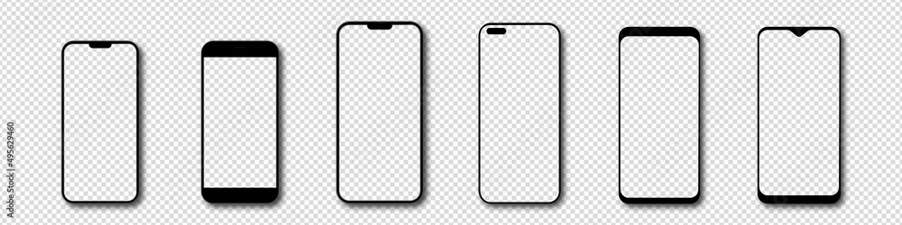 Set of vector modern phones with blank screen on transparent background ...