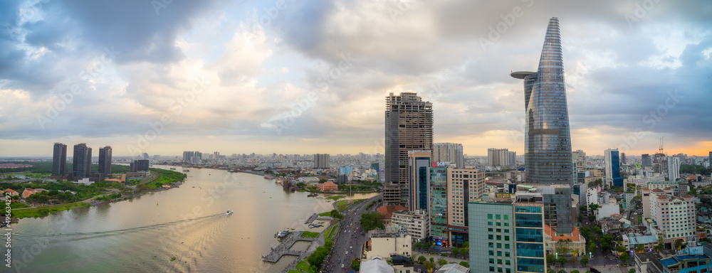 Poster Aerial view of Bitexco Tower, buildings, roads, Thu Thiem 2 ...