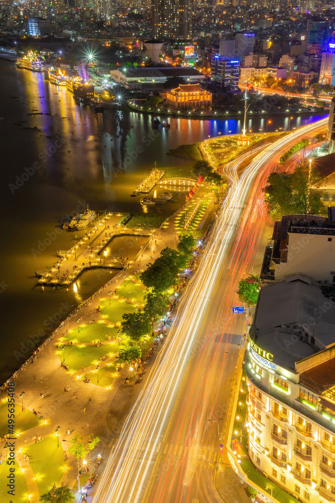Poster Aerial view of Bitexco Tower, buildings, roads, Thu Thiem 2 ...