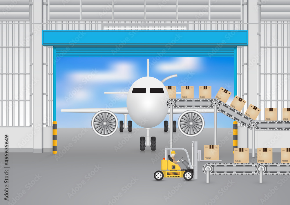 Operator loading cargo box to airplane storage by forklift inside ...