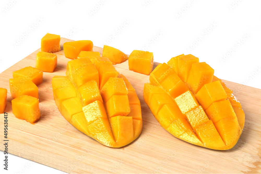 Southeast Asian fruit, fresh hedgehog style Mango preparation, cubes ...