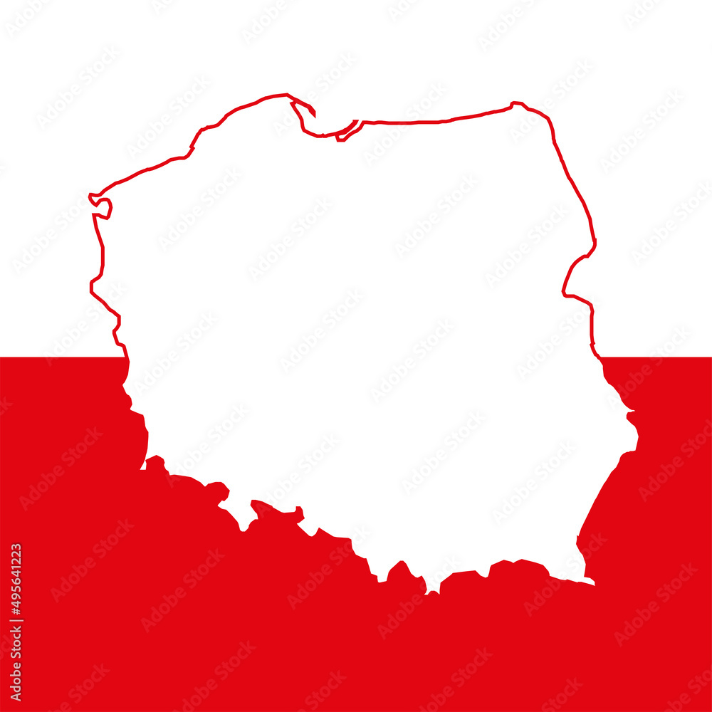 National Poland flag with contour state borders; Lines vector map with ...