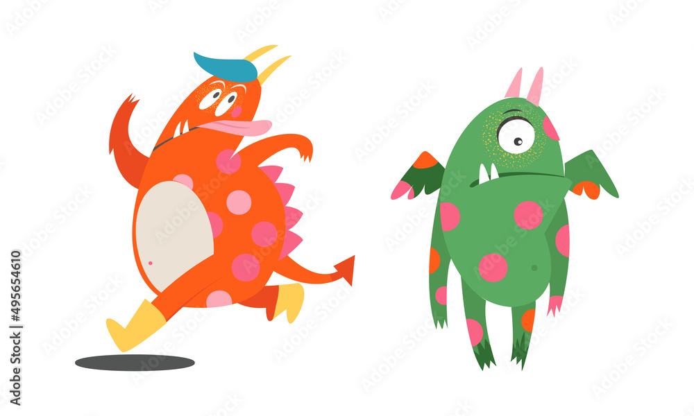 Cute monsters in different actions set. Funny colorful toothy monster ...