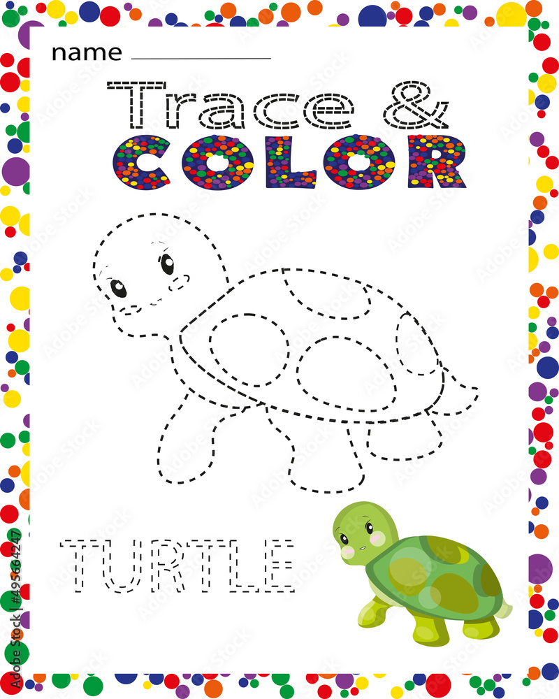 Cute turtle vector illustration. Trace line and color page game for ...