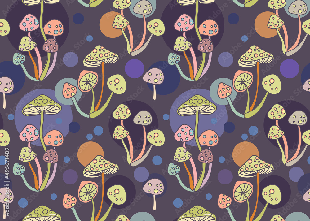 Magic mushrooms seamless pattern. Psychedelic hallucination. 60s hippie ...