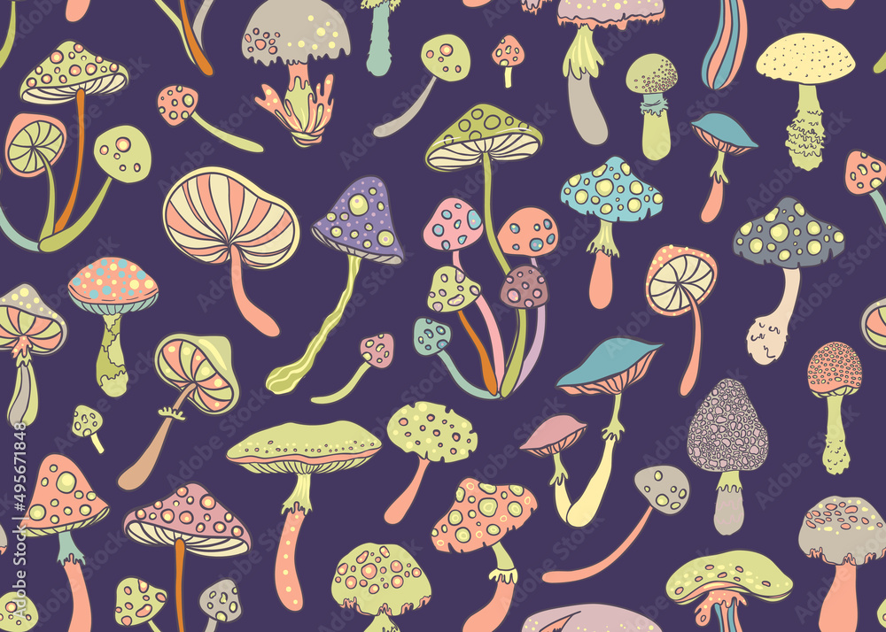 Magic mushrooms seamless pattern. Psychedelic hallucination. 60s hippie ...
