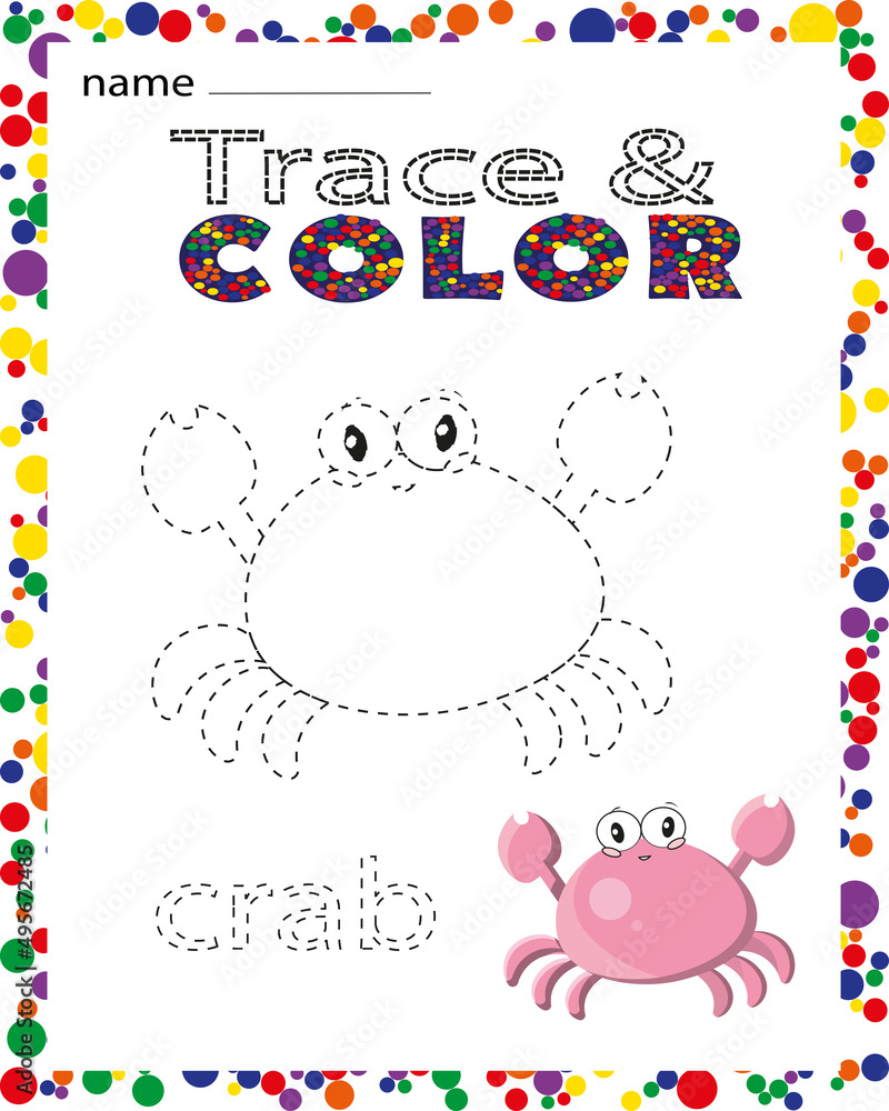 Cute pink crab vector illustration. Trace line and color page game for ...