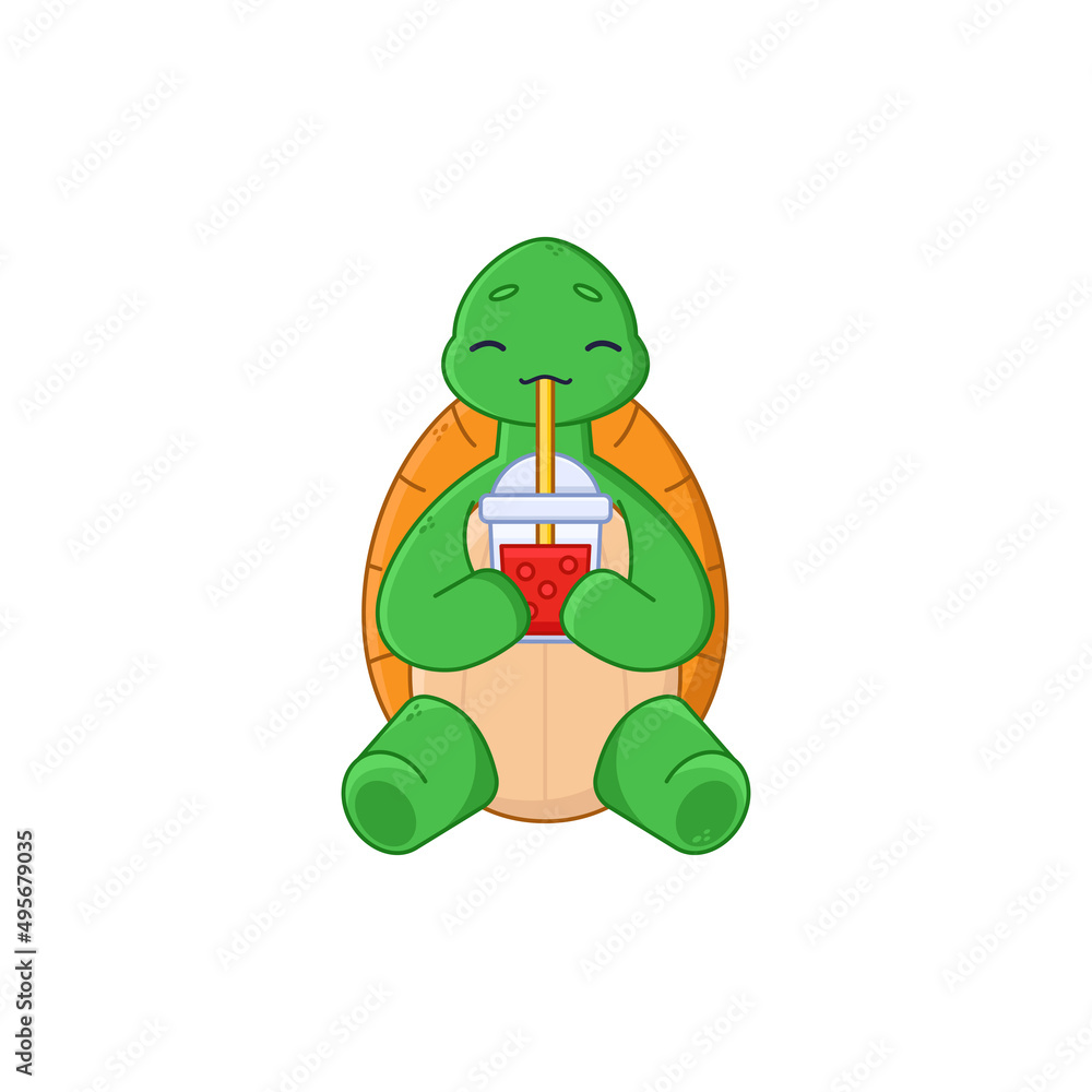 Cute turtle cartoon character drinking bubble tea sticker. Adorable ...