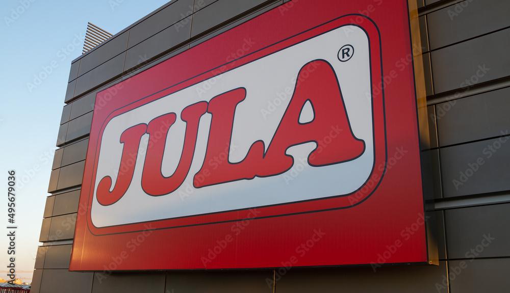 Jula department store logo sign. Multimarket shopping mall center ...