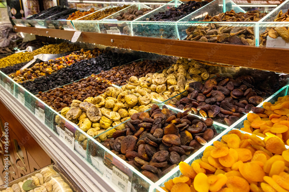 Turkish market, dry fruits and nuts piles on the market in Urgup ...
