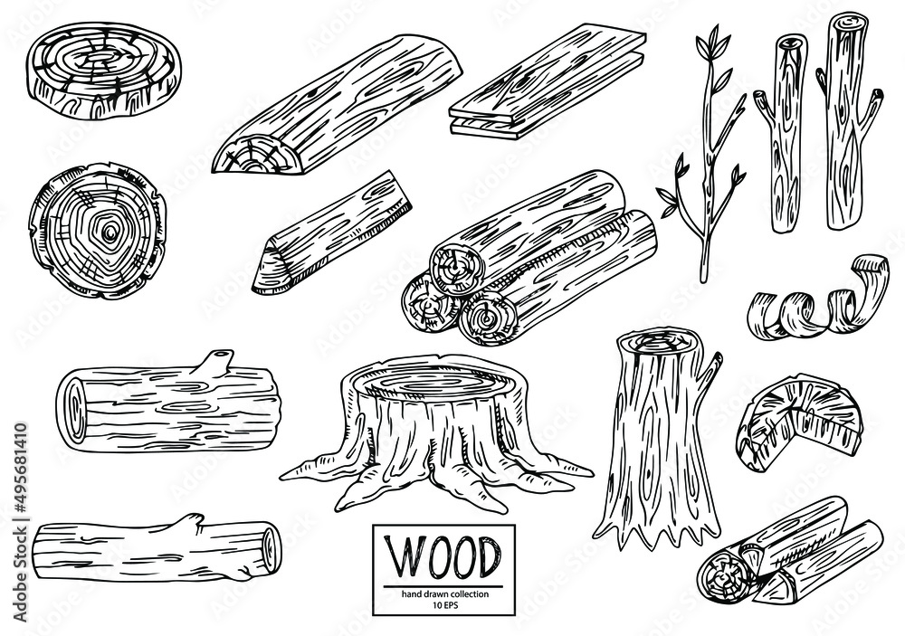 Wood set. Planks and logs, lumber and Cuts, Firewood in vintage style ...