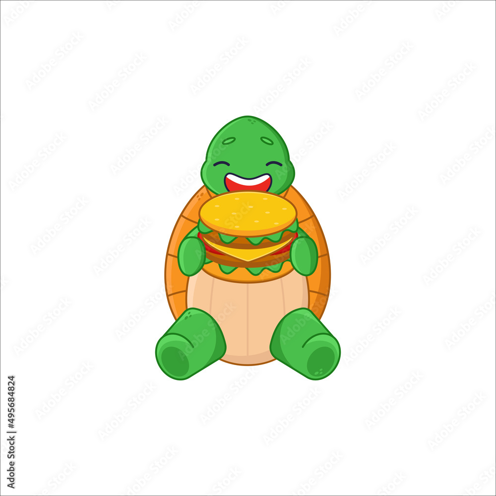 Happy turtle cartoon character eating hamburger sticker. Cute comic ...