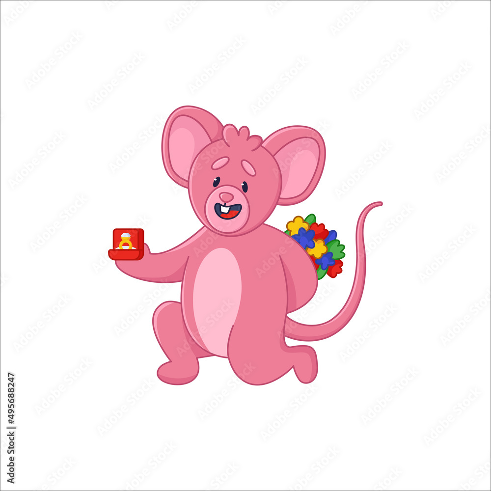 Pink mouse cartoon character proposing with ring in box sticker. Cute ...