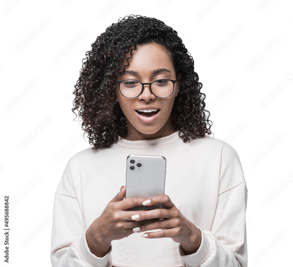 Beautiful young woman looking at phone isolated studio portrait ...