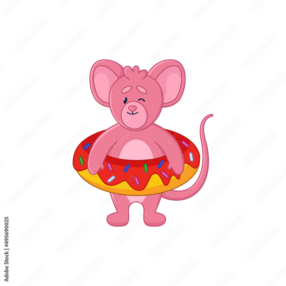Cute pink mouse cartoon character with inflatable ring sticker. Winking ...