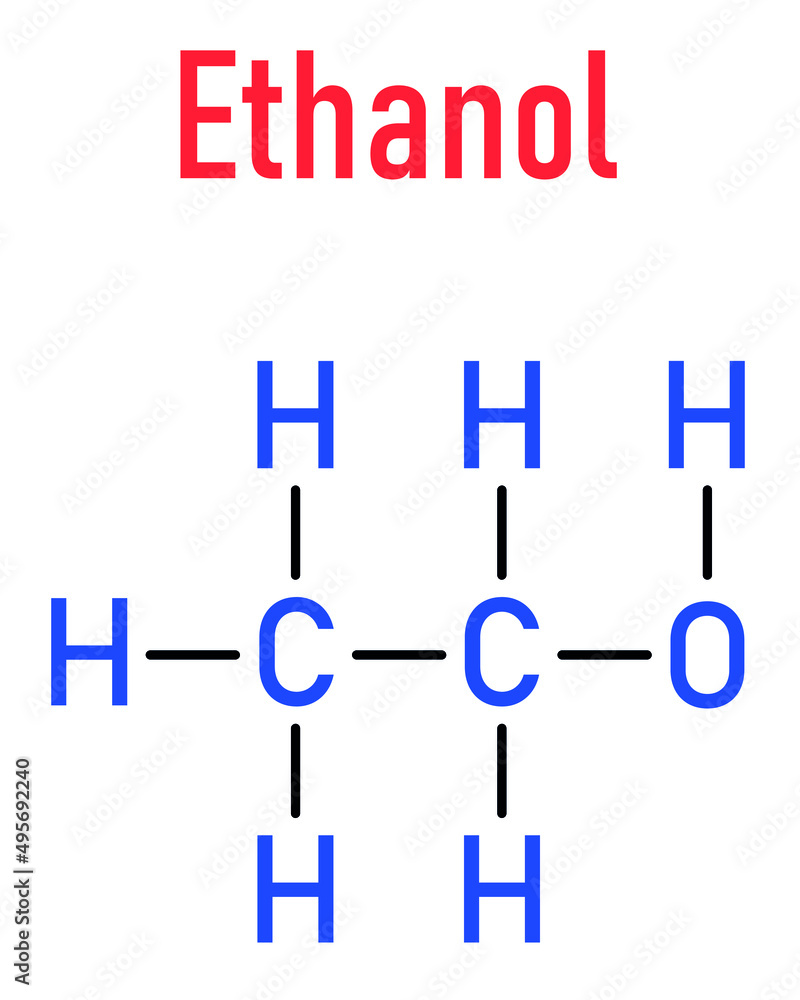 Alcohol (ethanol, ethyl alcohol) molecule, chemical structure. Skeletal ...