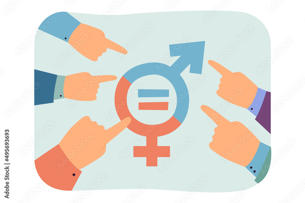Equality gender signs surrounded by hands. Index fingers pointing at ...