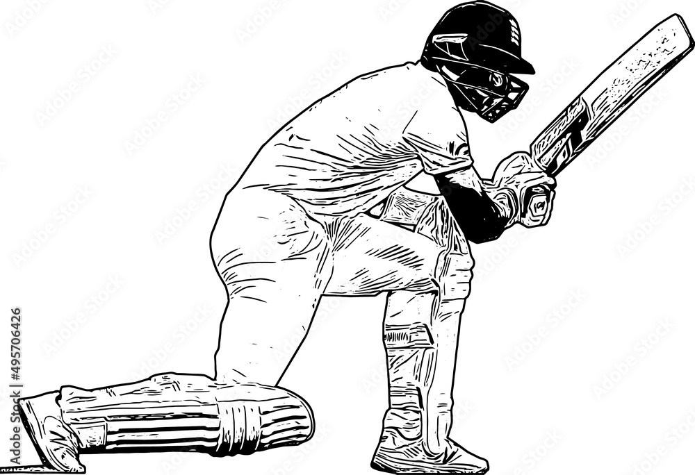 Vetor de line art illustration of cricket batsman shot, outline sketch ...