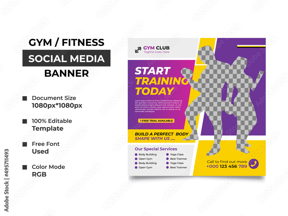 fitness club social media banner template design with a cropped image ...